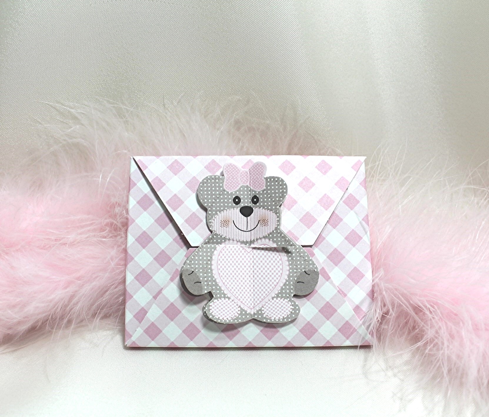 Wertheim-Deko - 5 x Kartonage Umschlag Kuvert Bär rosa Geburt Taufe ...